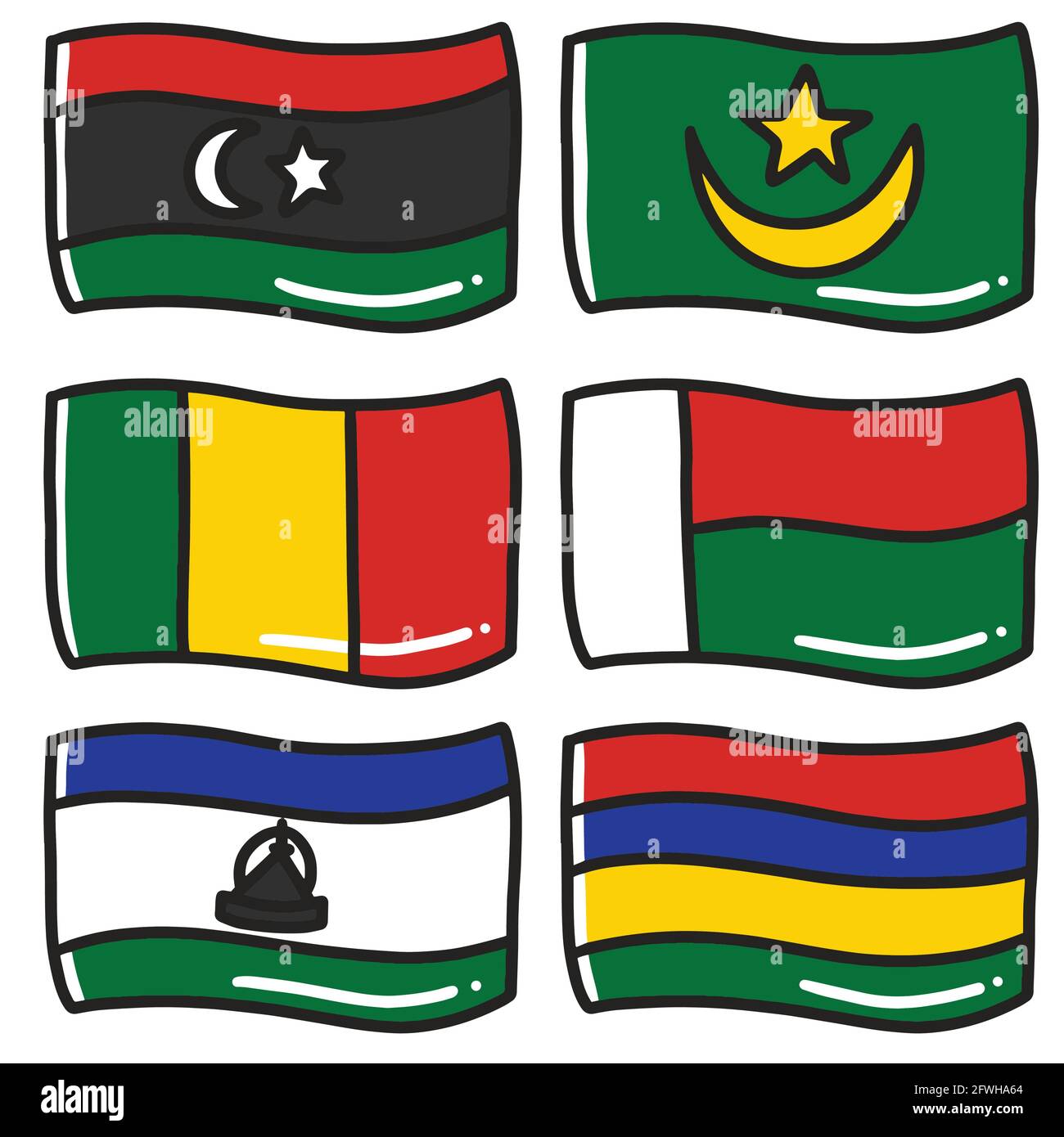 illustration of the flags of six world countries hand-drawn doodle art ...