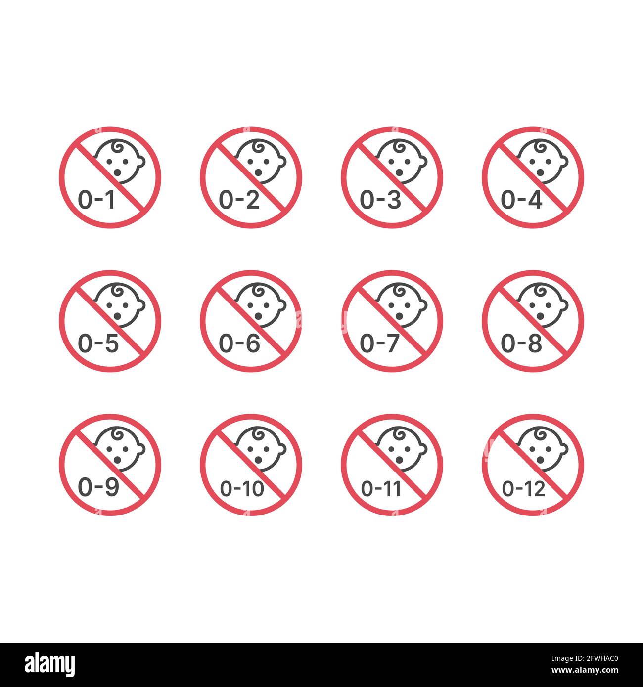No baby prohibition vector icon set. Months for baby products symbols ...