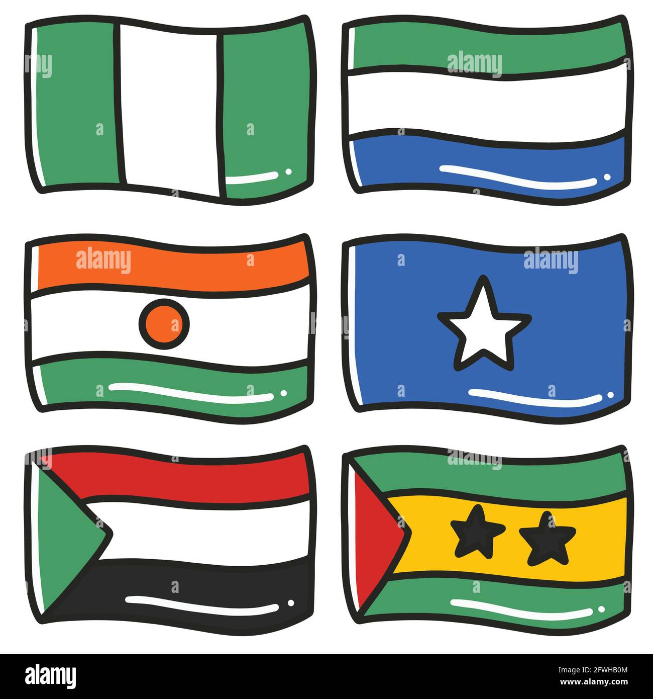 illustration of the flags of six world countries hand-drawn doodle art ...