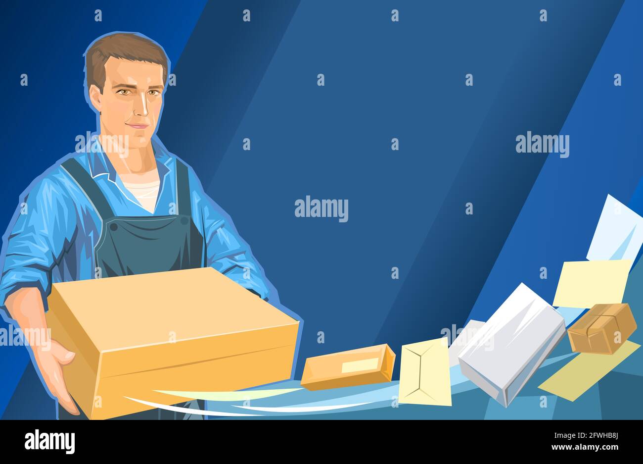 Delivery guy with a parcel. Cardboard box. A male courier in uniform ...
