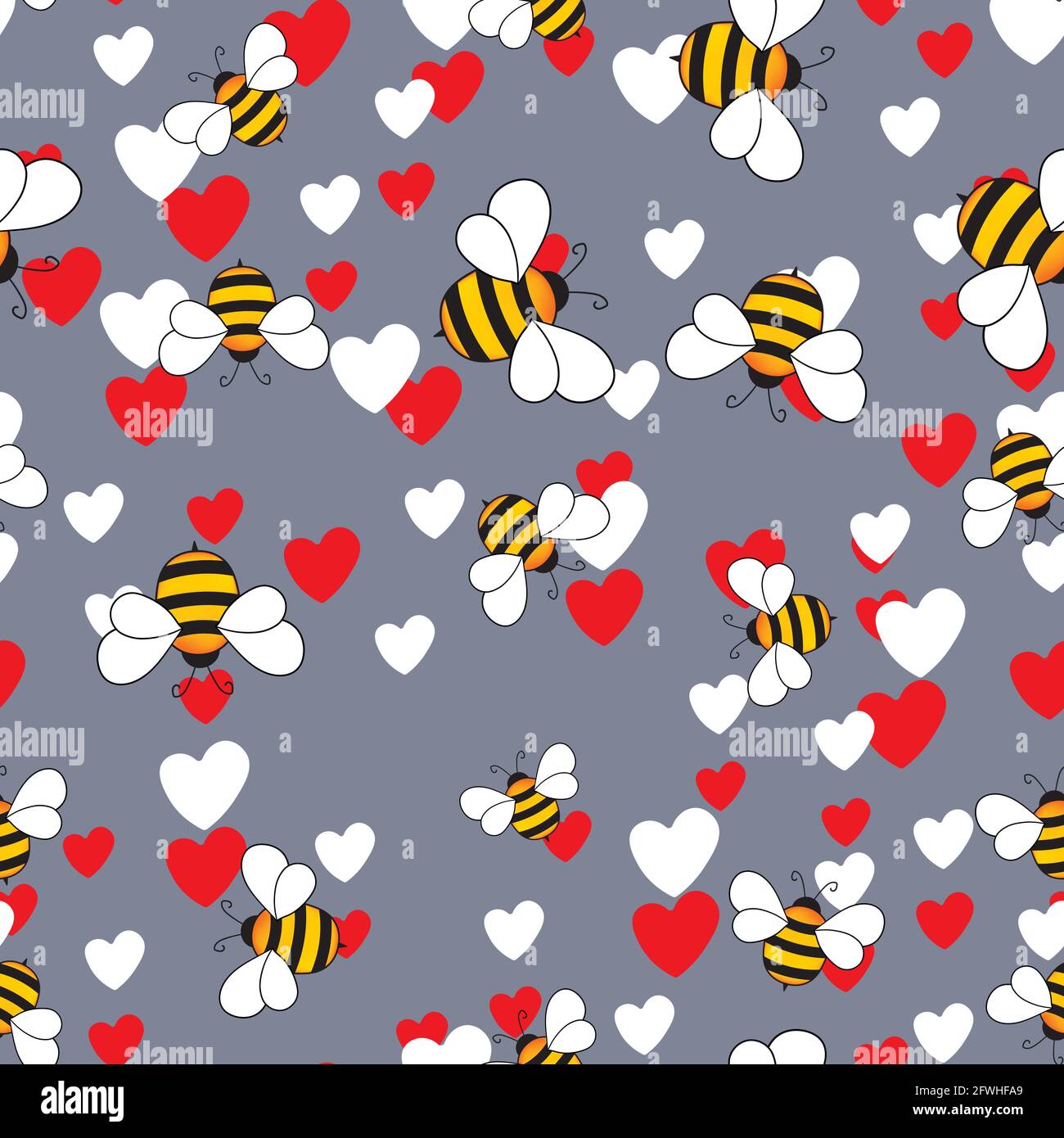 Seamless pattern with bees and hearts on color background. Small wasp ...