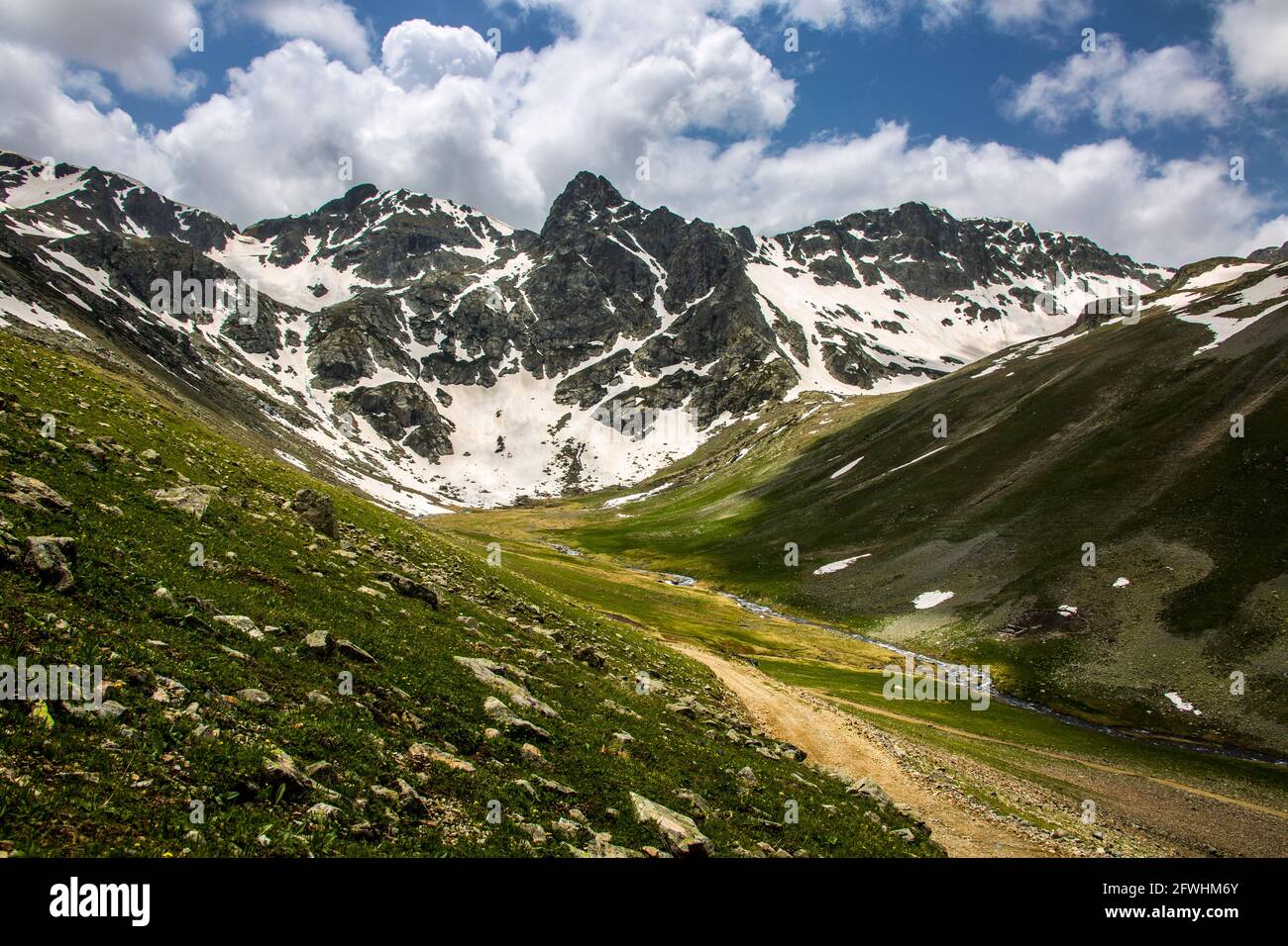 Spectacular views of the snowy mountains and valley, showing the ...