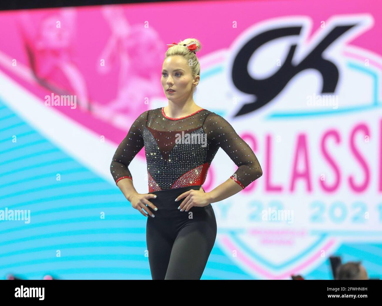 Indianapolis, USA. May 22, 2021: MyKayla Skinner gets ready to warm up ...