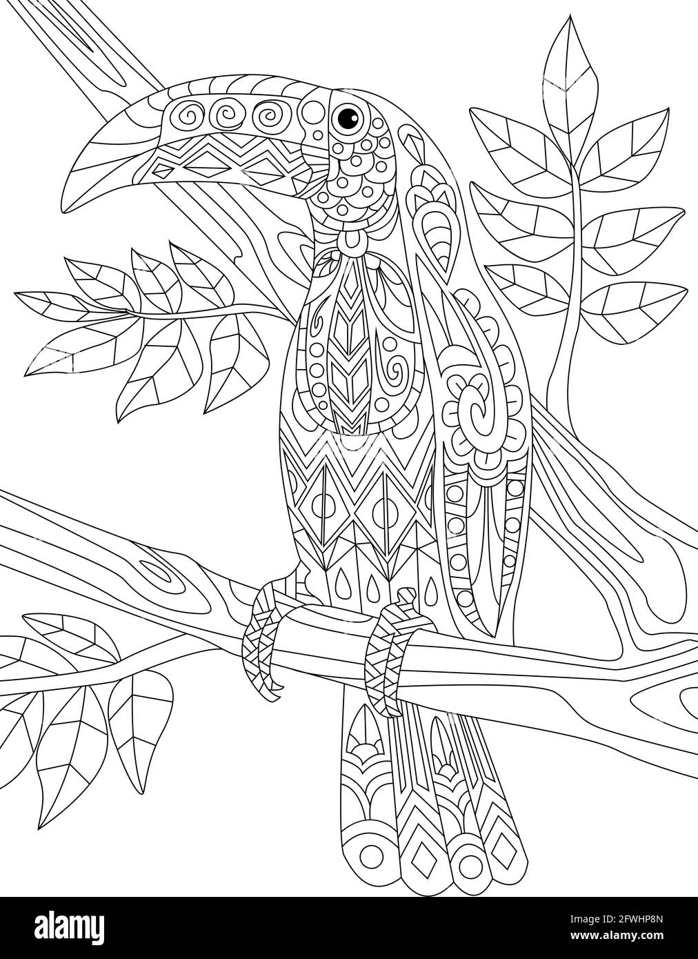Tropical Birds doodles on trees, hand drawing Pelican, line image ...