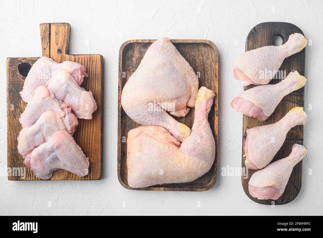 Fresh chicken meat cuts Farm poultry meat set, on wooden cutting board ...