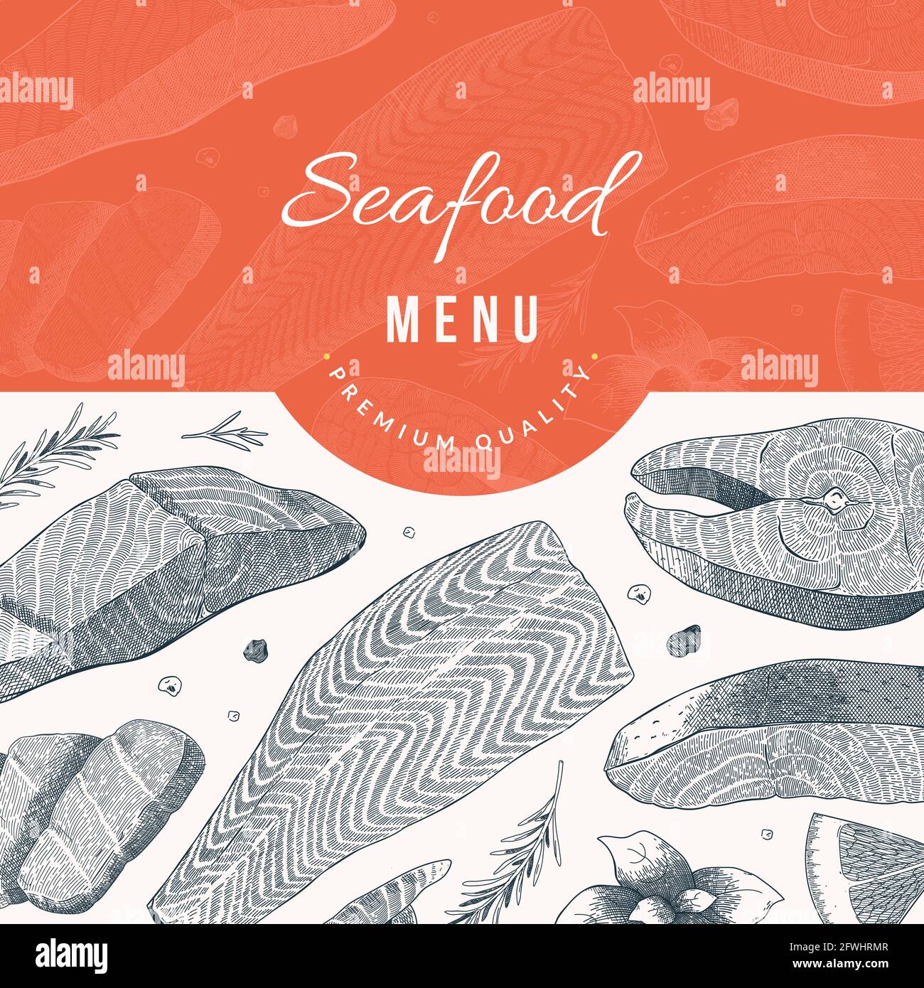 Seafood restaurant menu design with label, vector template with salmon ...
