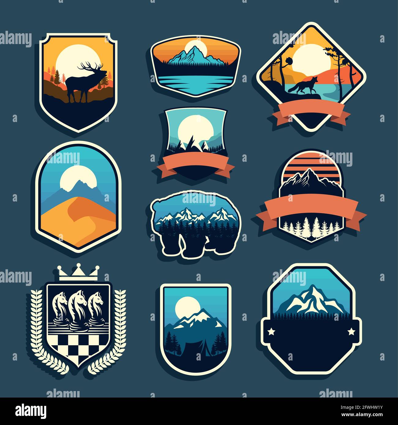 nine adventure emblems set icons Stock Vector Image & Art - Alamy