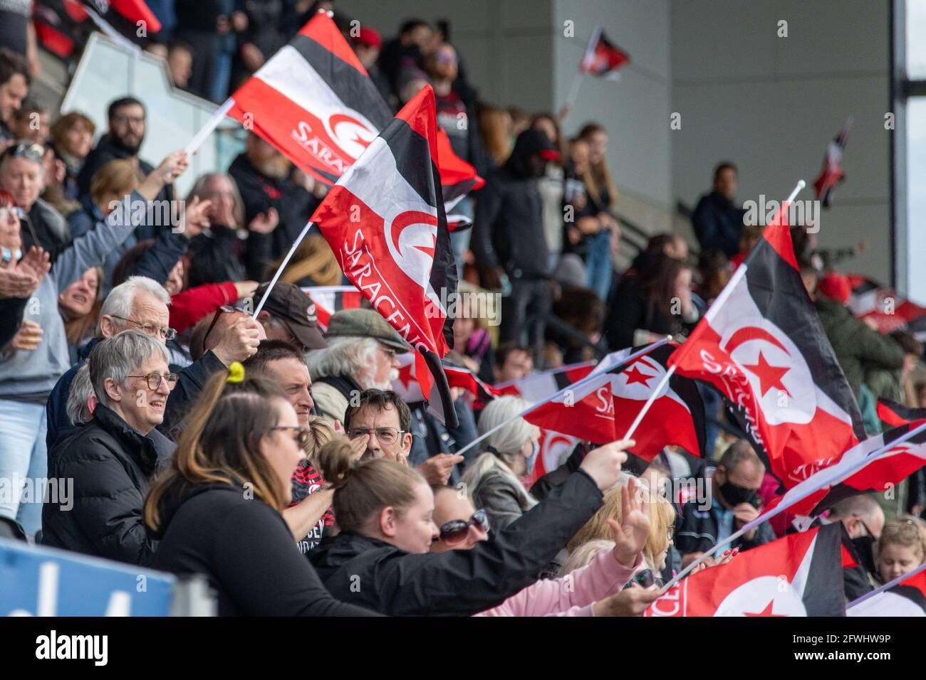 London, UK. 22nd May, 2021. Fans waving their flags after Saracens win ...