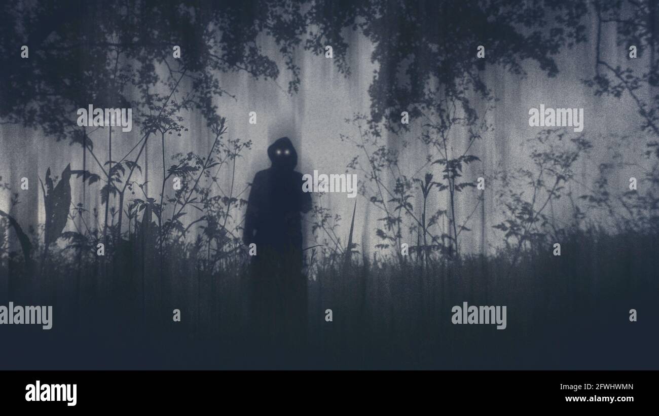 A dark scary concept. Looking up at a mysterious supernatural figure ...