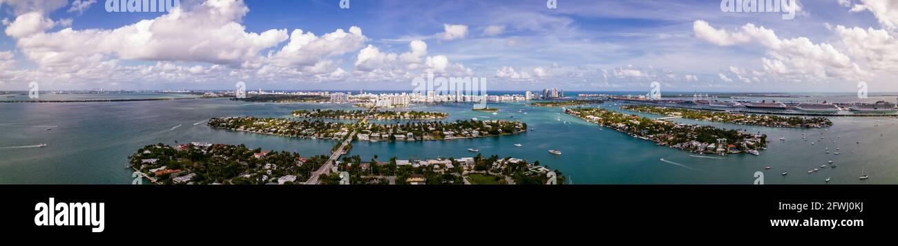 Aerial photo Miami Beach bayfront scene with neighborhoods on islands ...