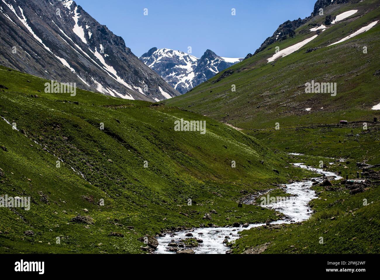 Spectacular views of the snowy mountains and valley, showing the ...