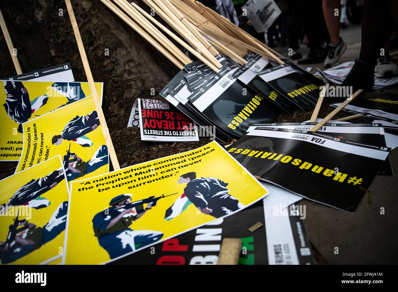 London, UK. 22nd May, 2021. Pro Palestinian placards seen on the floor ...