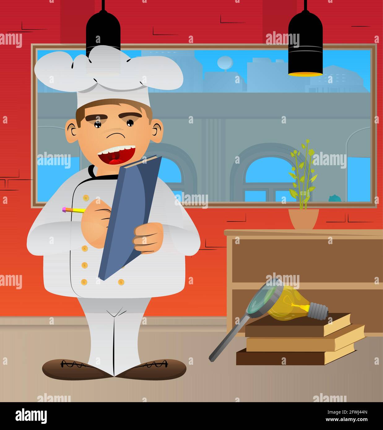 Fat male cartoon chef in uniform writing on a books cover. Vector ...