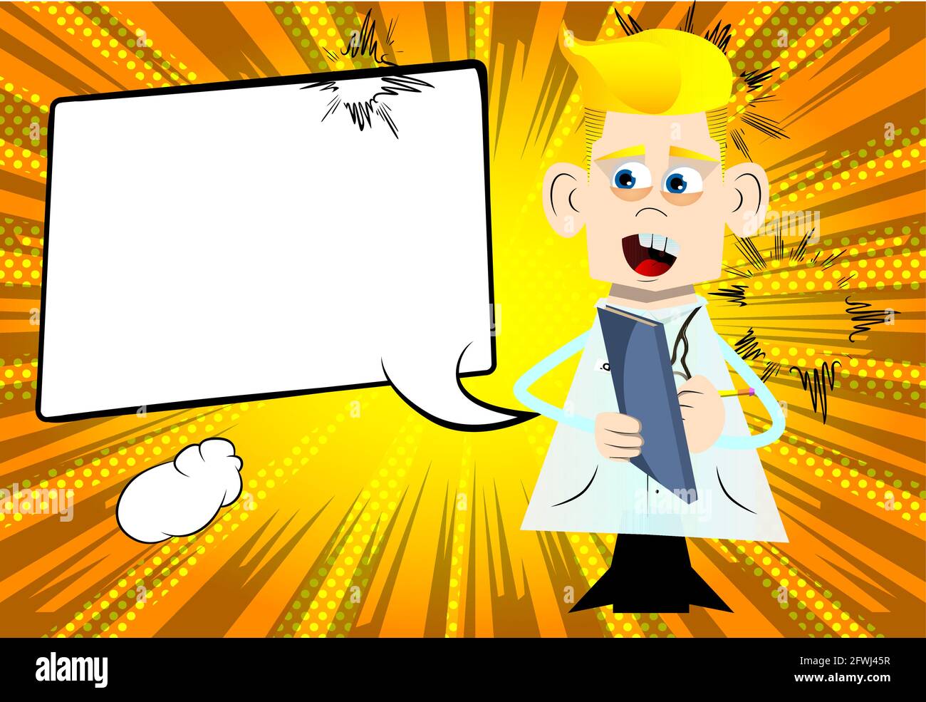 Funny cartoon doctor writing on a books cover. Vector illustration ...