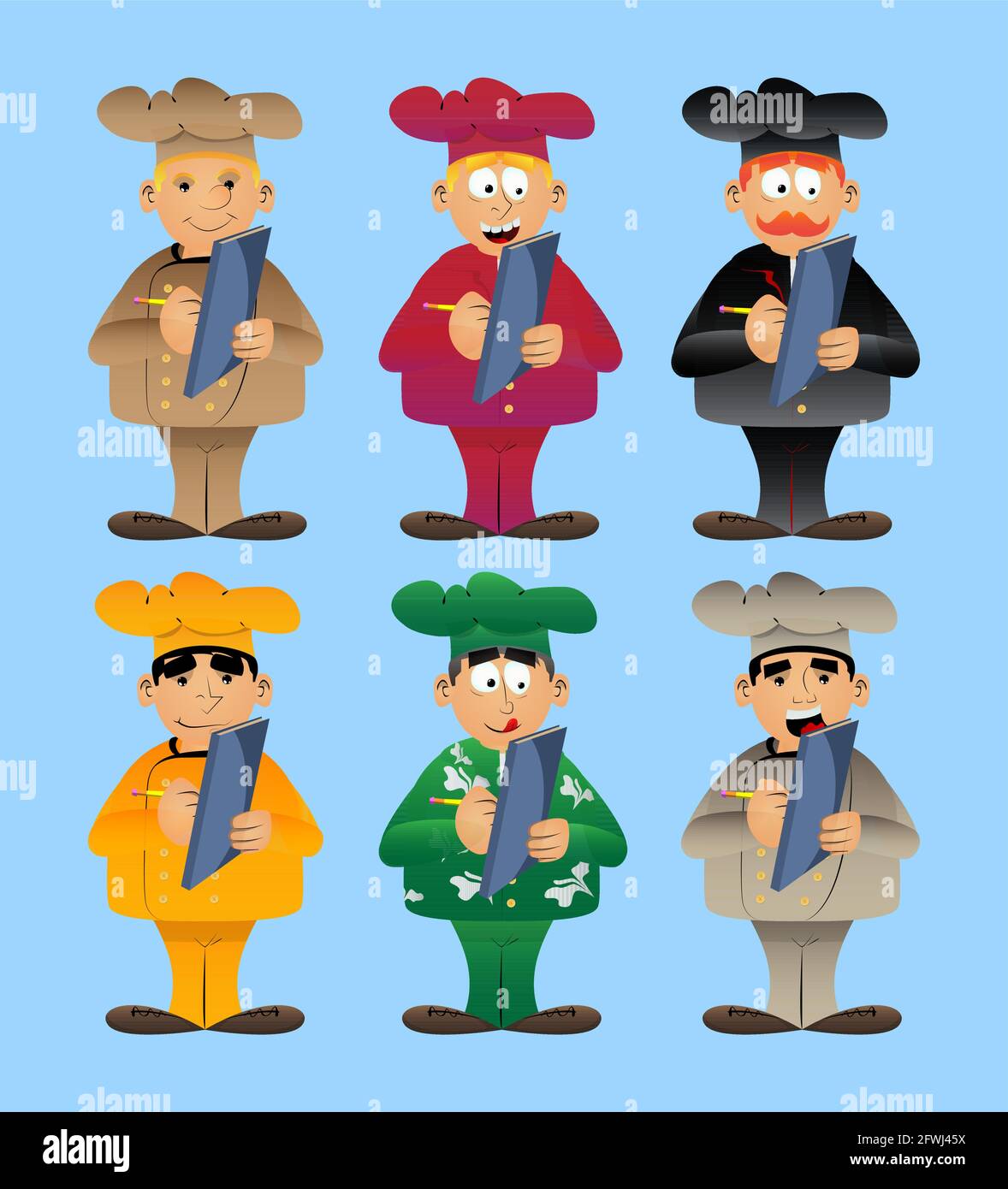 Fat male cartoon chef in uniform writing on a books cover. Vector ...