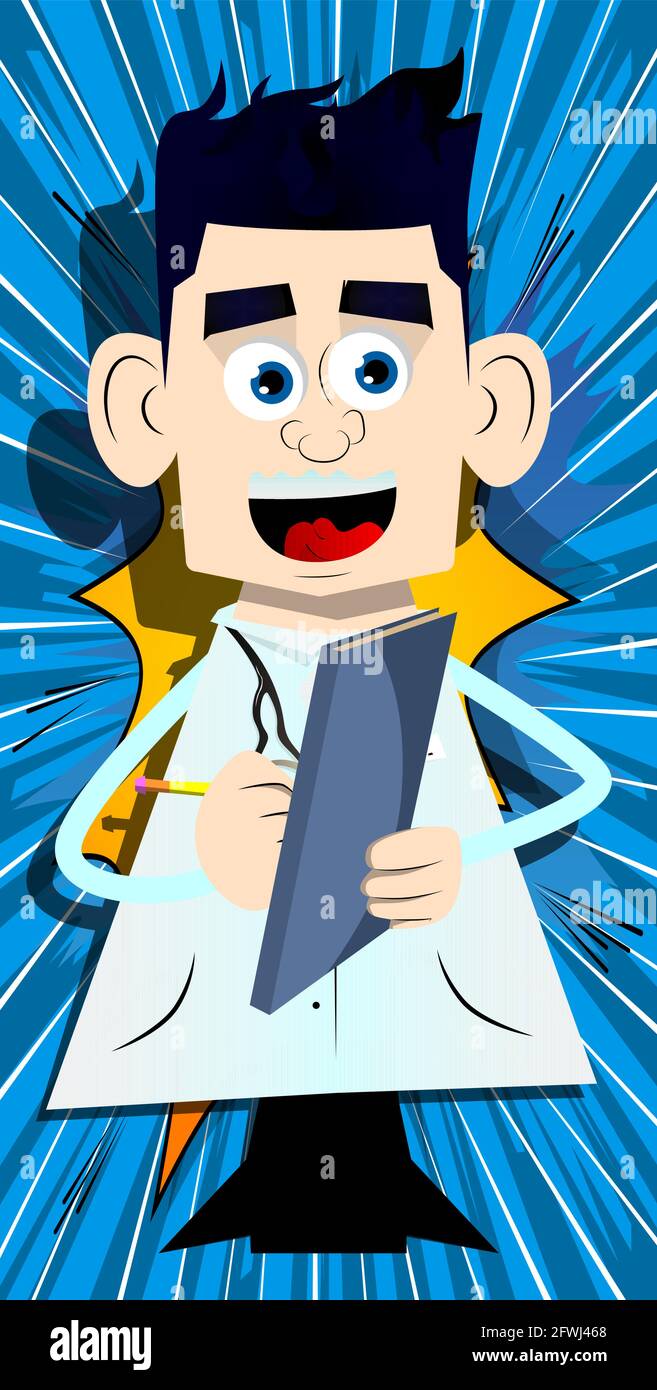 Funny cartoon doctor writing on a books cover. Vector illustration ...