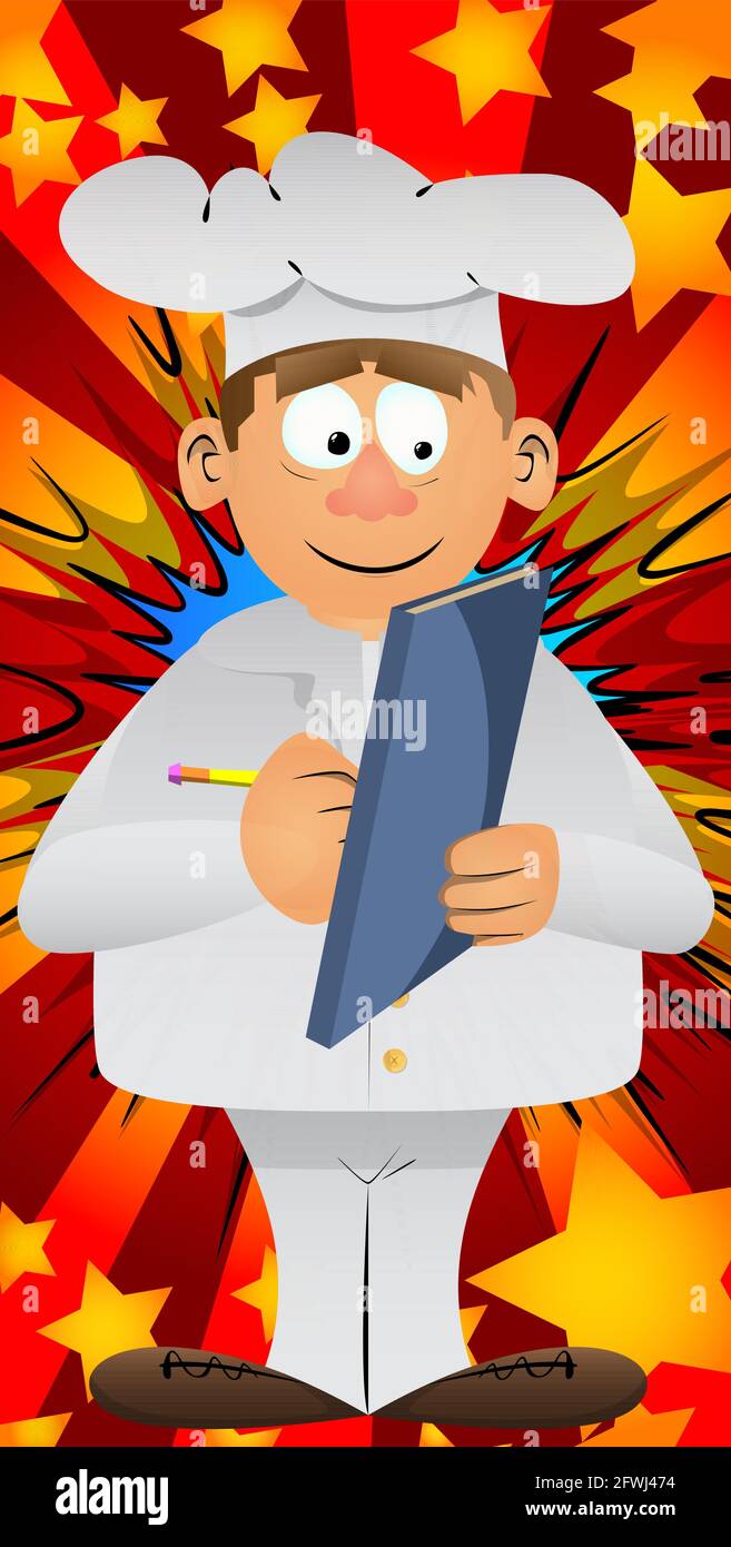 Fat male cartoon chef in uniform writing on a books cover. Vector ...