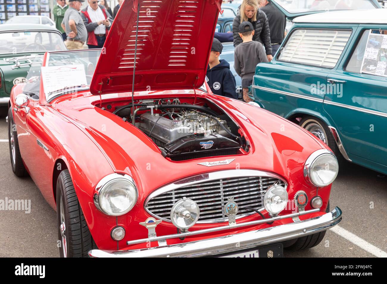 1958 red classic Austin Healey sports car at a Sydney motor car show ...