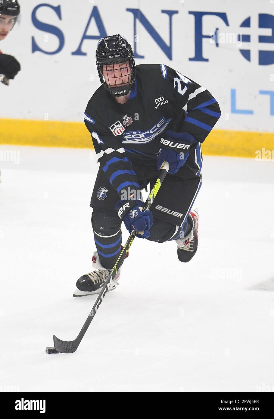 May 21, 2021: Fargo Force defenseman Scott Morrow skates with the puck ...