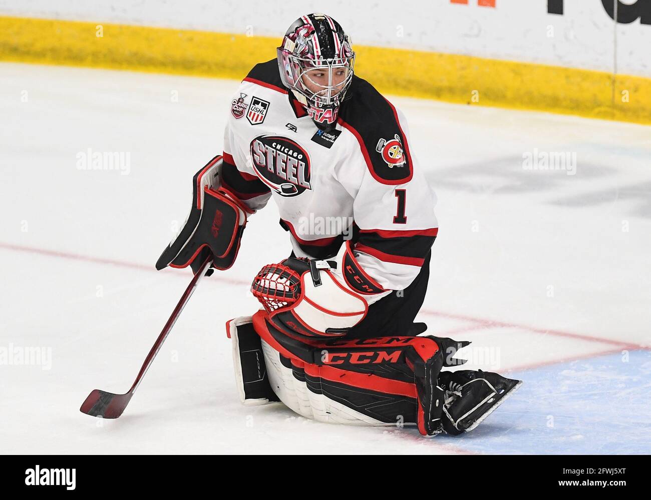 May 21, 2021: Chicago Steel goalie Jack Stark (1) warms up before game ...