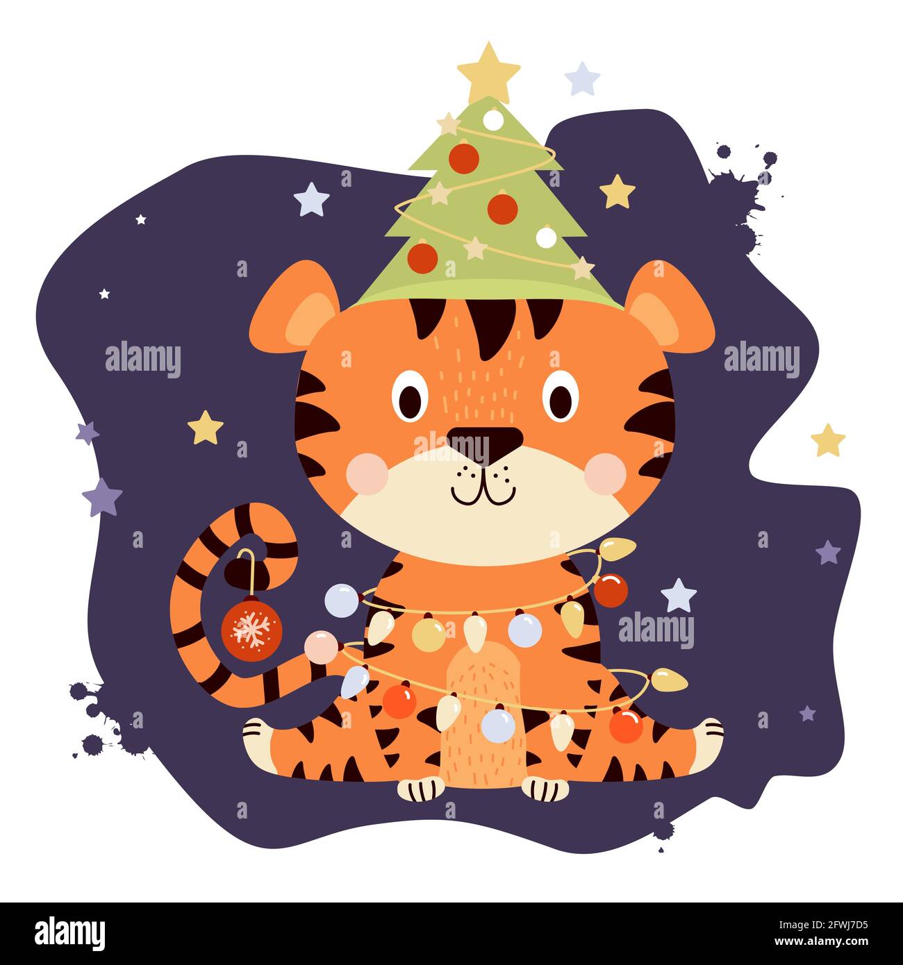Cute tiger cub with a Christmas tree, toys and garlands. Sits on a ...