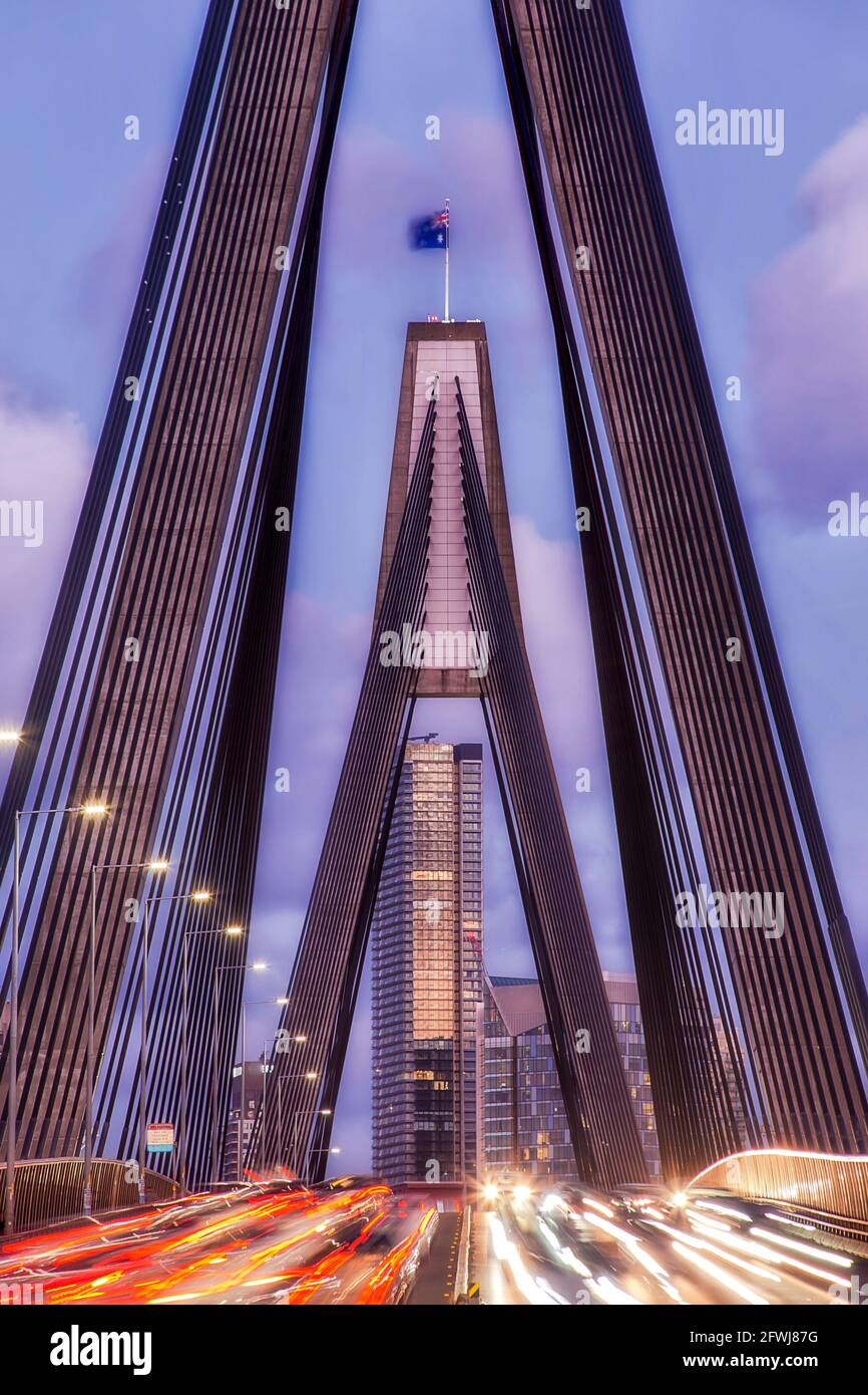 Massive construct of Suspension Anzac bridge on Sydney Harbour at ...