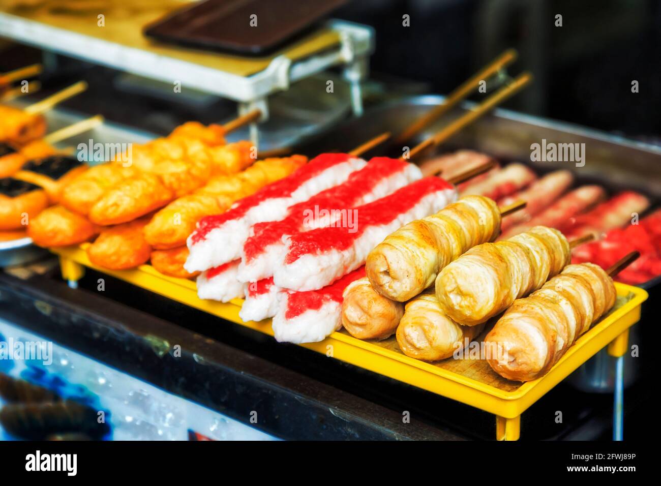 Street food on retail counter in Kyoto city of Japan - traditional ...