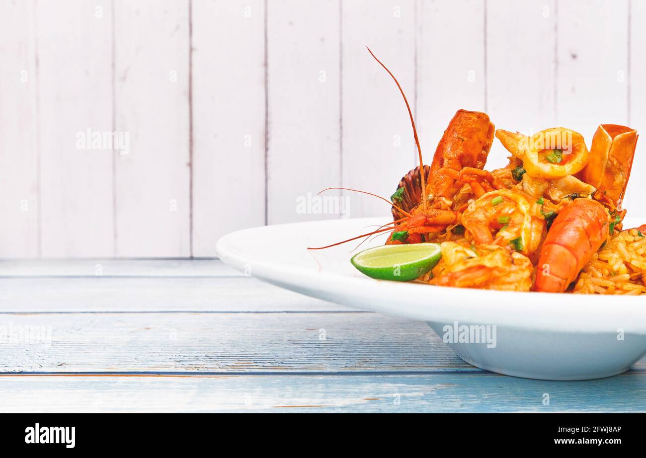 Peruvian food, "arroz con mariscos": A sea food selection served with ...