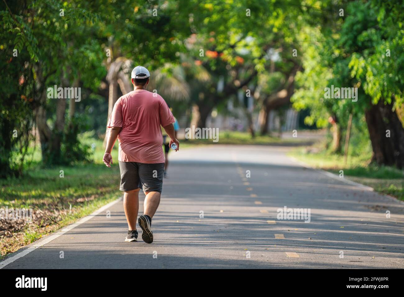 Back view of Fat man jogging or running exercising outdoors in park ...