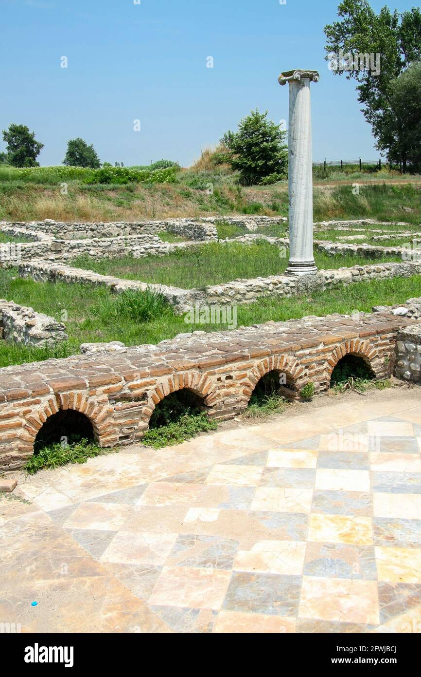Ancient Greece city Dion. Column in ruins of House of Dionysos ...