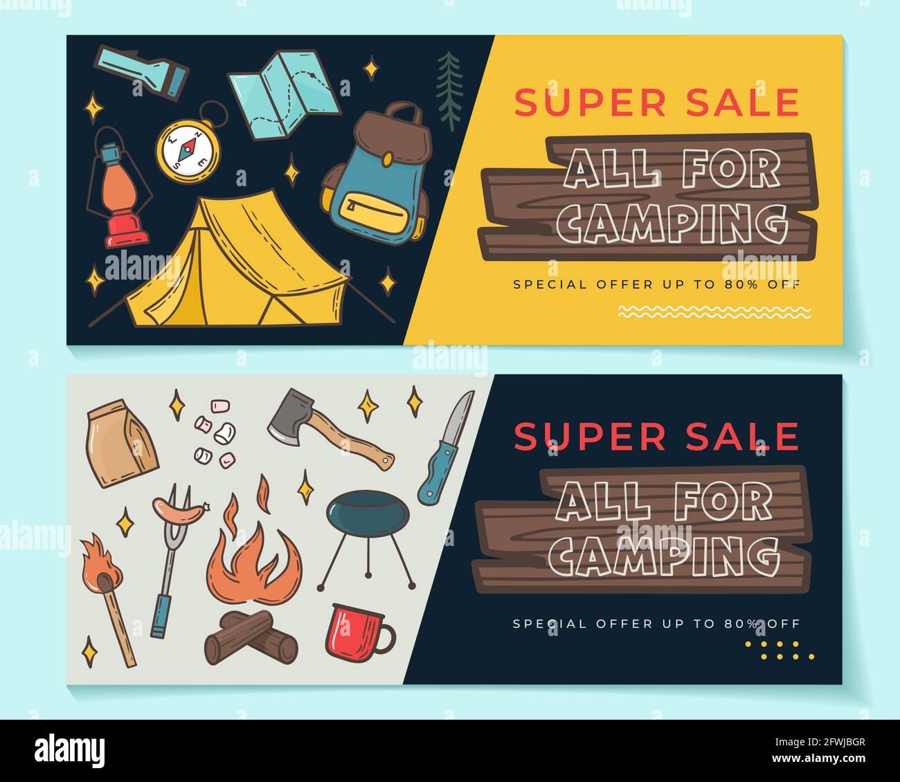 Seasonal banner set with camping elements. Vector illustration in hand ...