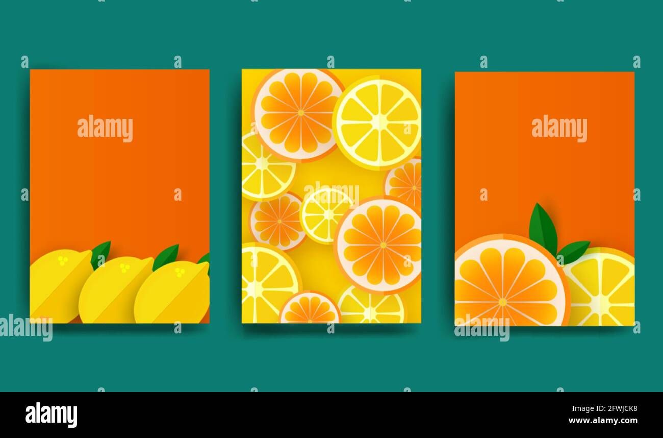 Orange poster. Sliced slices of orange and lemon with leaves. Fruit ...