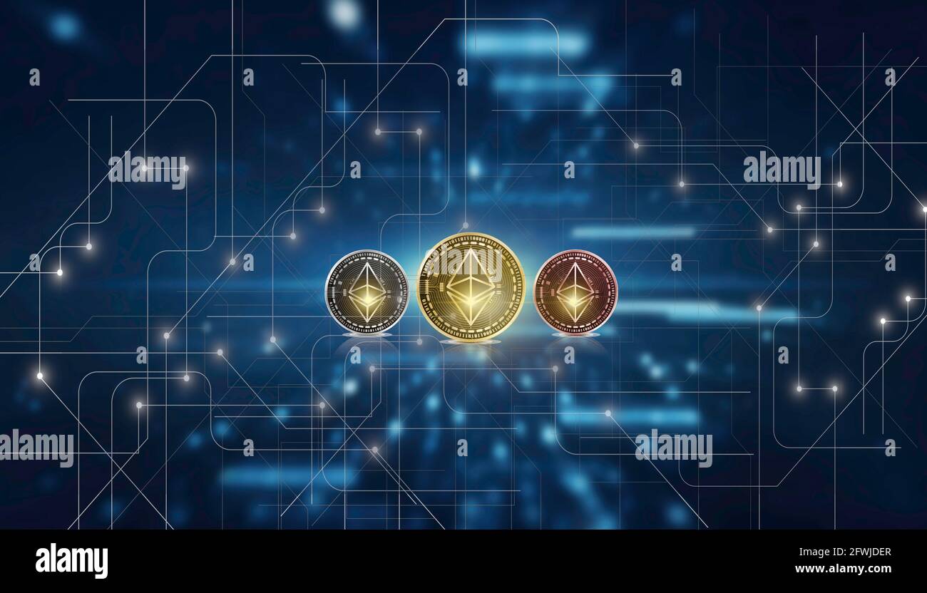 Ethereum cryptocurrency background. Digital Ethereum coins on blue ...