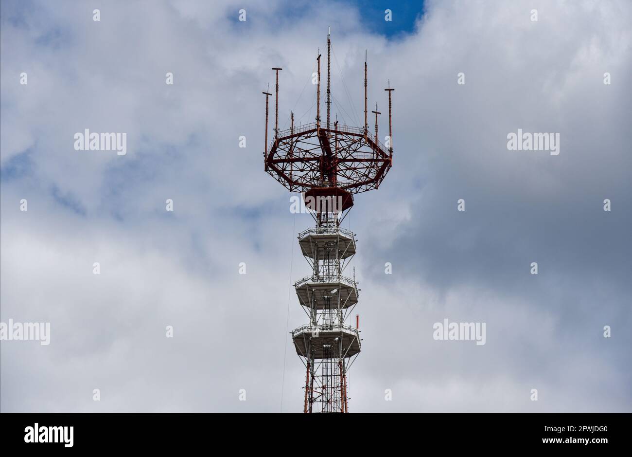 High TV Radio transmission tower with antennas in the background of ...