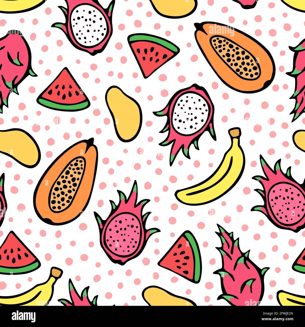 Vector seamless pattern of hand drawn tropical fruits: papaya, dragon ...