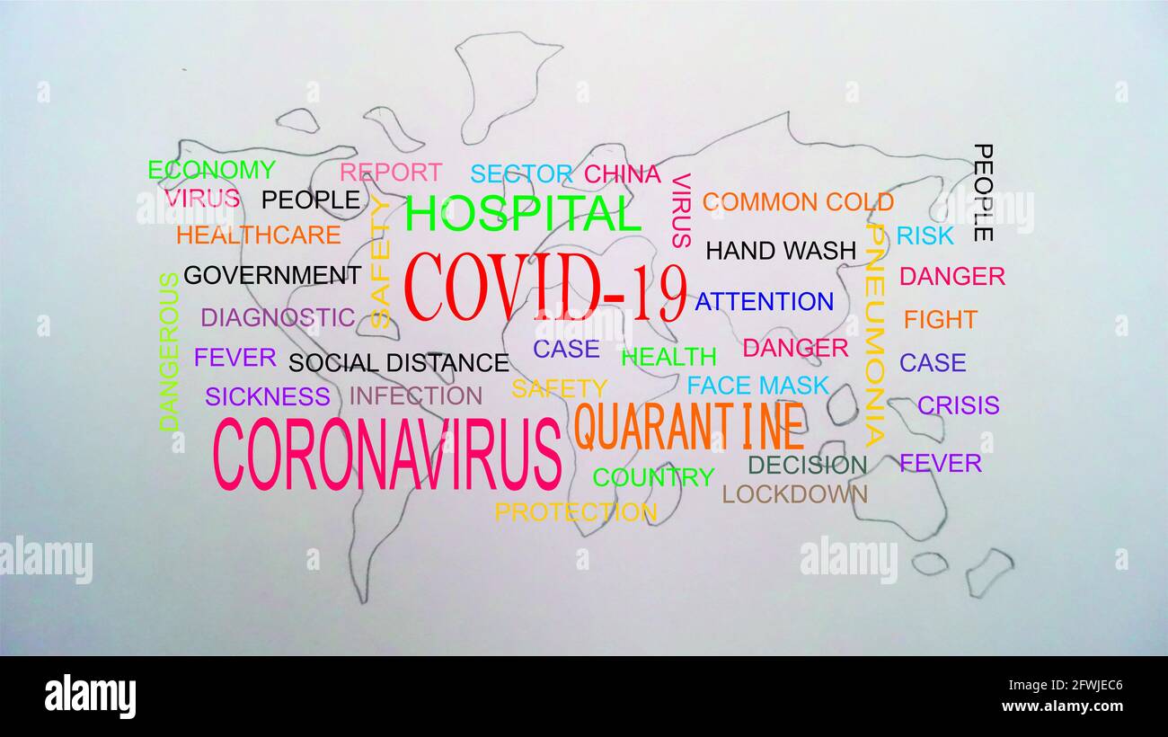 Word cloud for Covid-19 Coronavirus world pandemic Stock Photo - Alamy