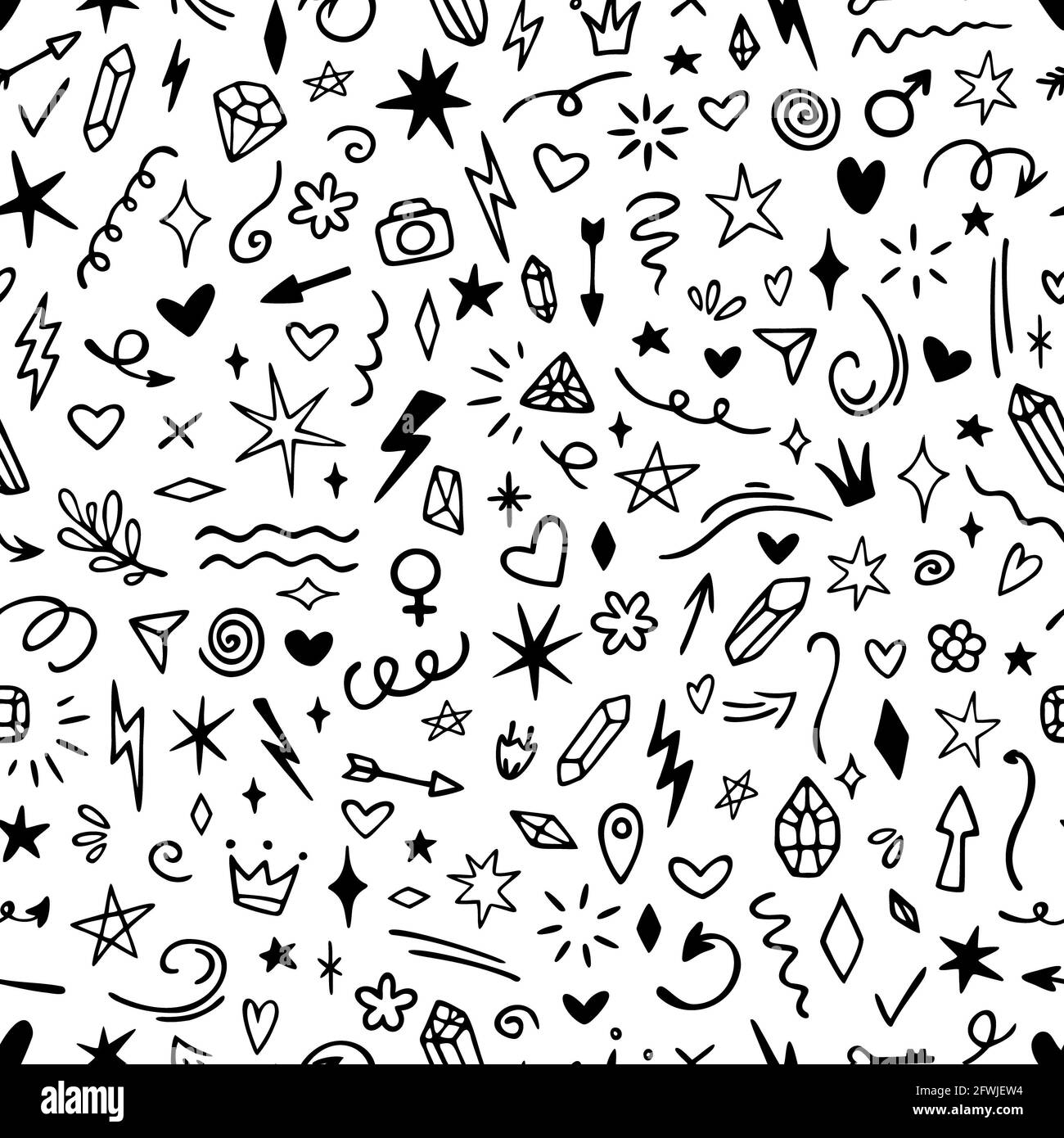 Vector seamless pattern with different stars, sparkles, arrows, hearts ...