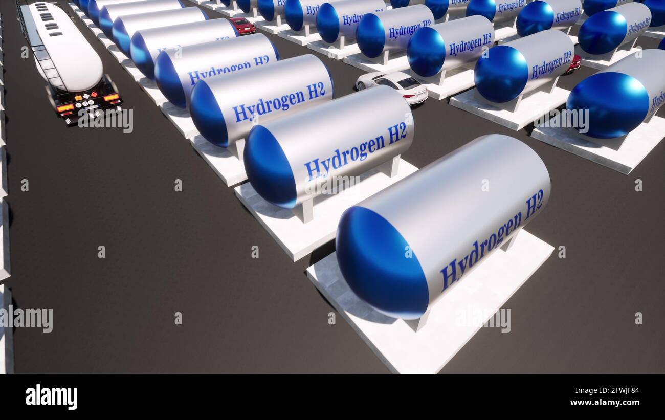 Hydrogen renewable facility fuel tank H2 Sustainable energy 3d render ...