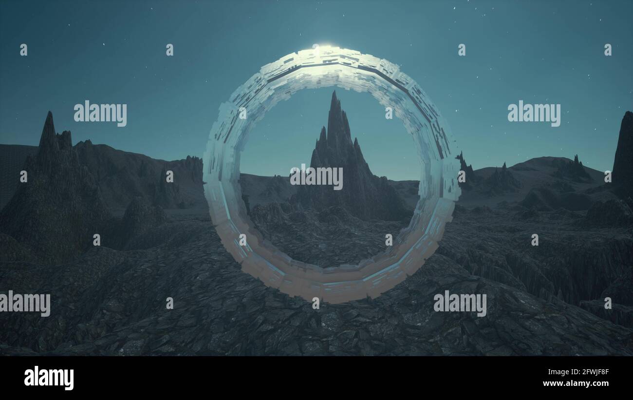 Fantasy 3d sci fi rock landscape portal technology 3d render Stock ...
