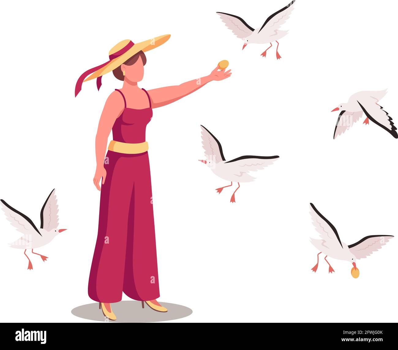 Lady surrounded by soaring seagulls flat color vector faceless ...