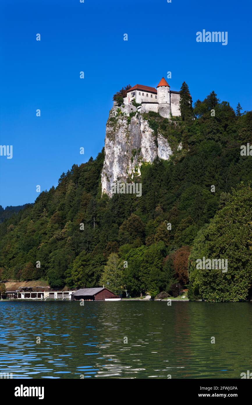The historic Castle Bled (circa 1004) atop precipice overlooking Lake ...