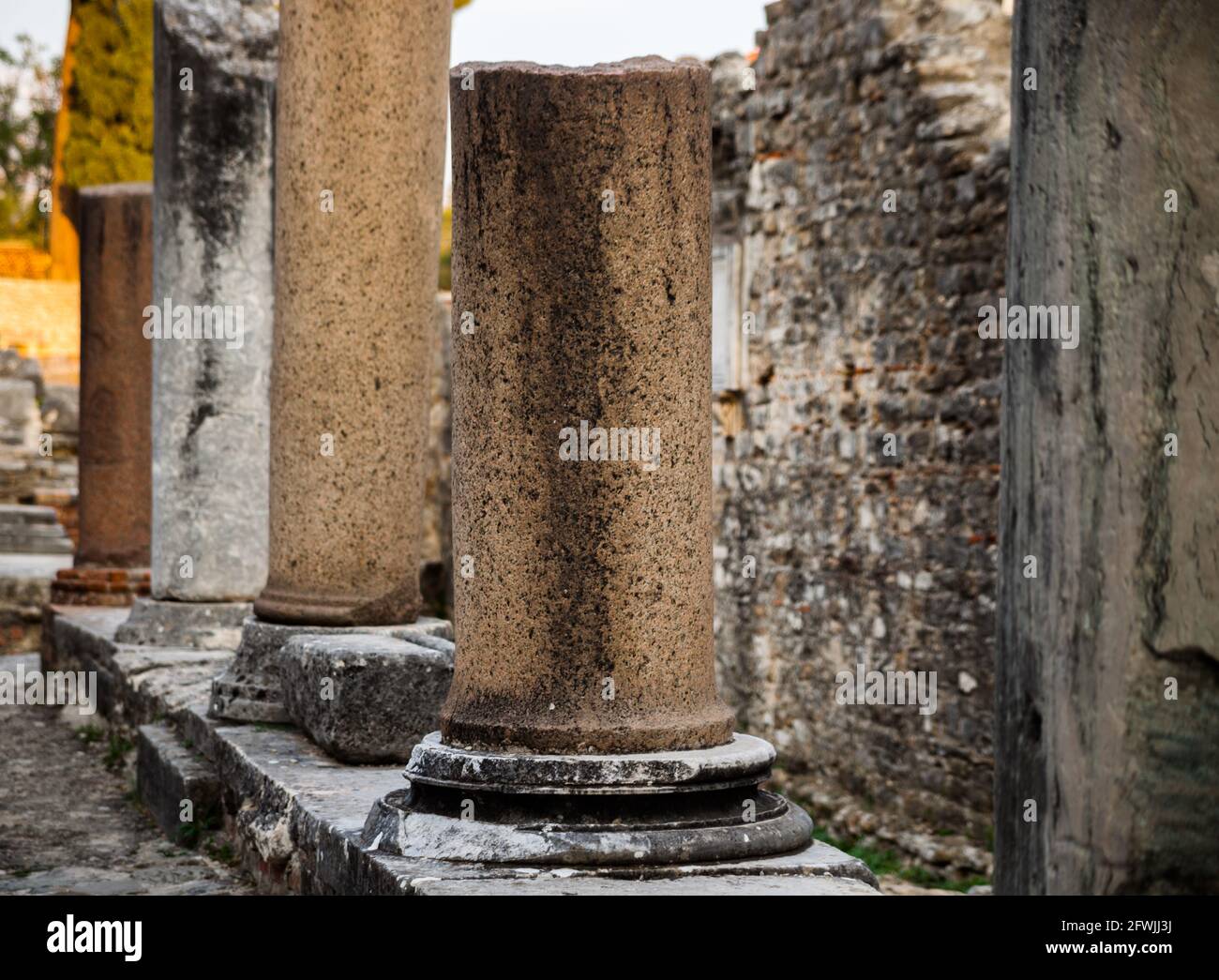 Roman columns in the ruins of the Basilica of Manastirine in the ...