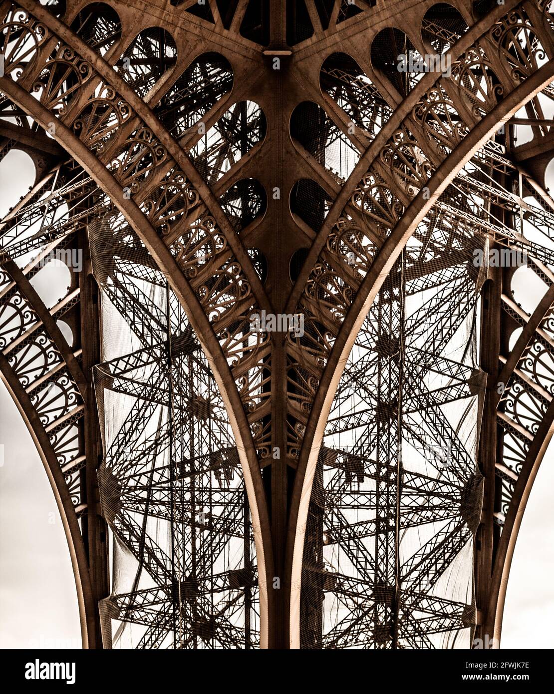 Close up of iron steel beams of the iconic Eiffel Tower in Paris ...