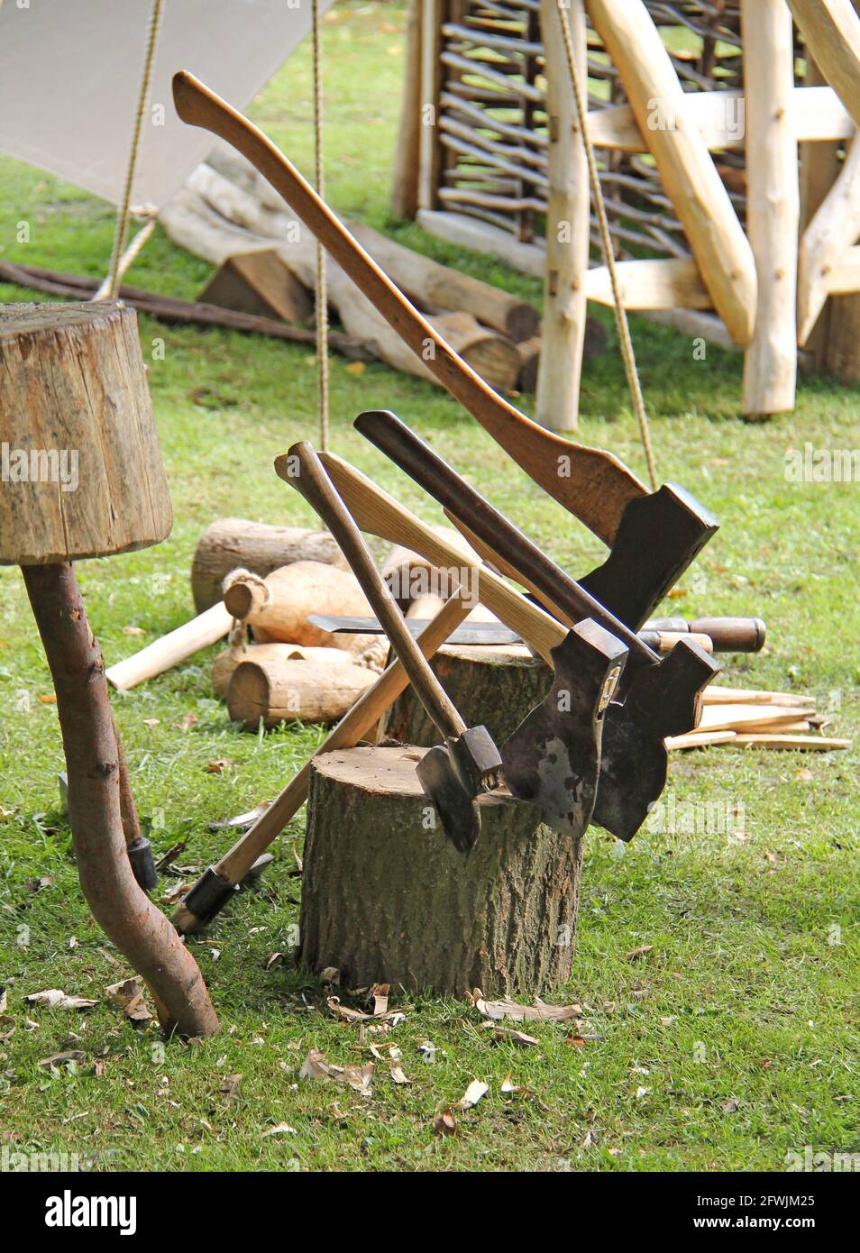 A Collection of Axes at a Wood Crafting Display Stock Photo - Alamy