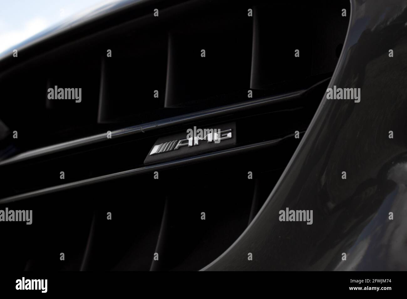 The Front Gloss Black AMG Branded Front Grille Of A Nardo Grey 2018 ...