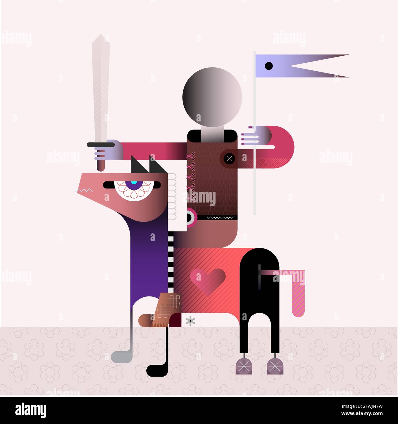 Colored image of faceless rider knight with sword and flag on horseback ...