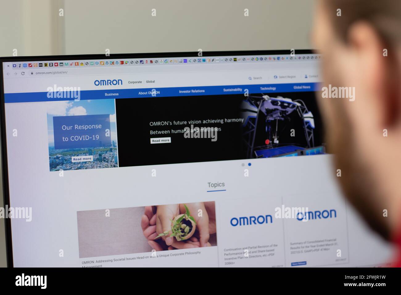 New York, USA - 1 May 2021: Omron company website with logo on screen ...