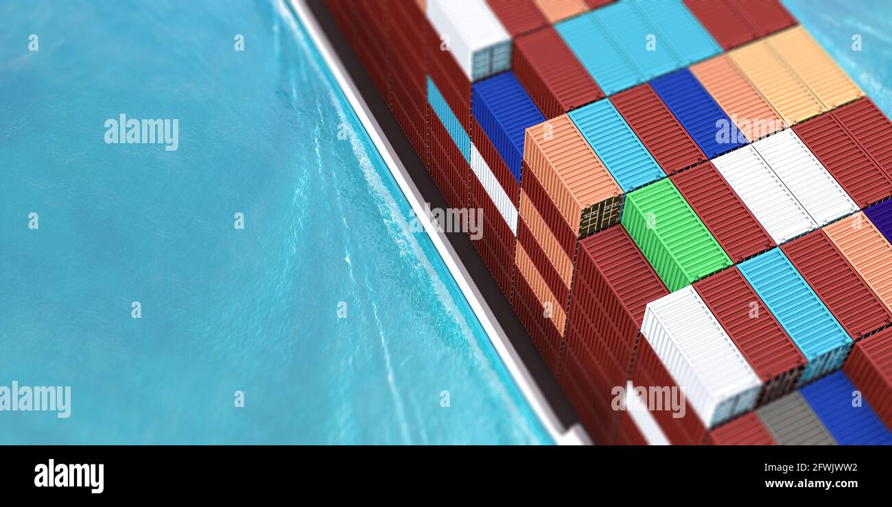 Aerial view of containers on a container ship - 3d illustration Stock ...