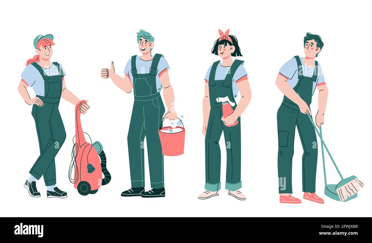 Team of cleaners and janitors male and female characters, cartoon ...
