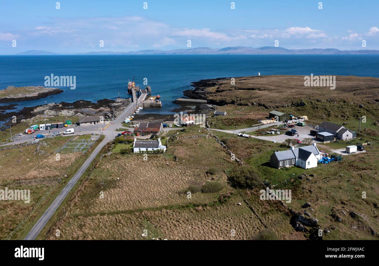 Aerial view of Scalasaig, Isle of Colonsay, Inner Hebrides, Scotland ...